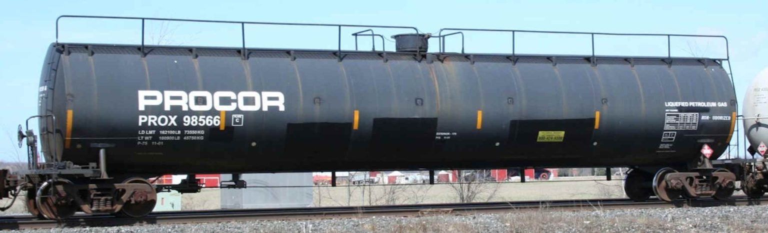 F-135 – PROCOR (PROX) Black LPG Tank Cars – Highball Graphics